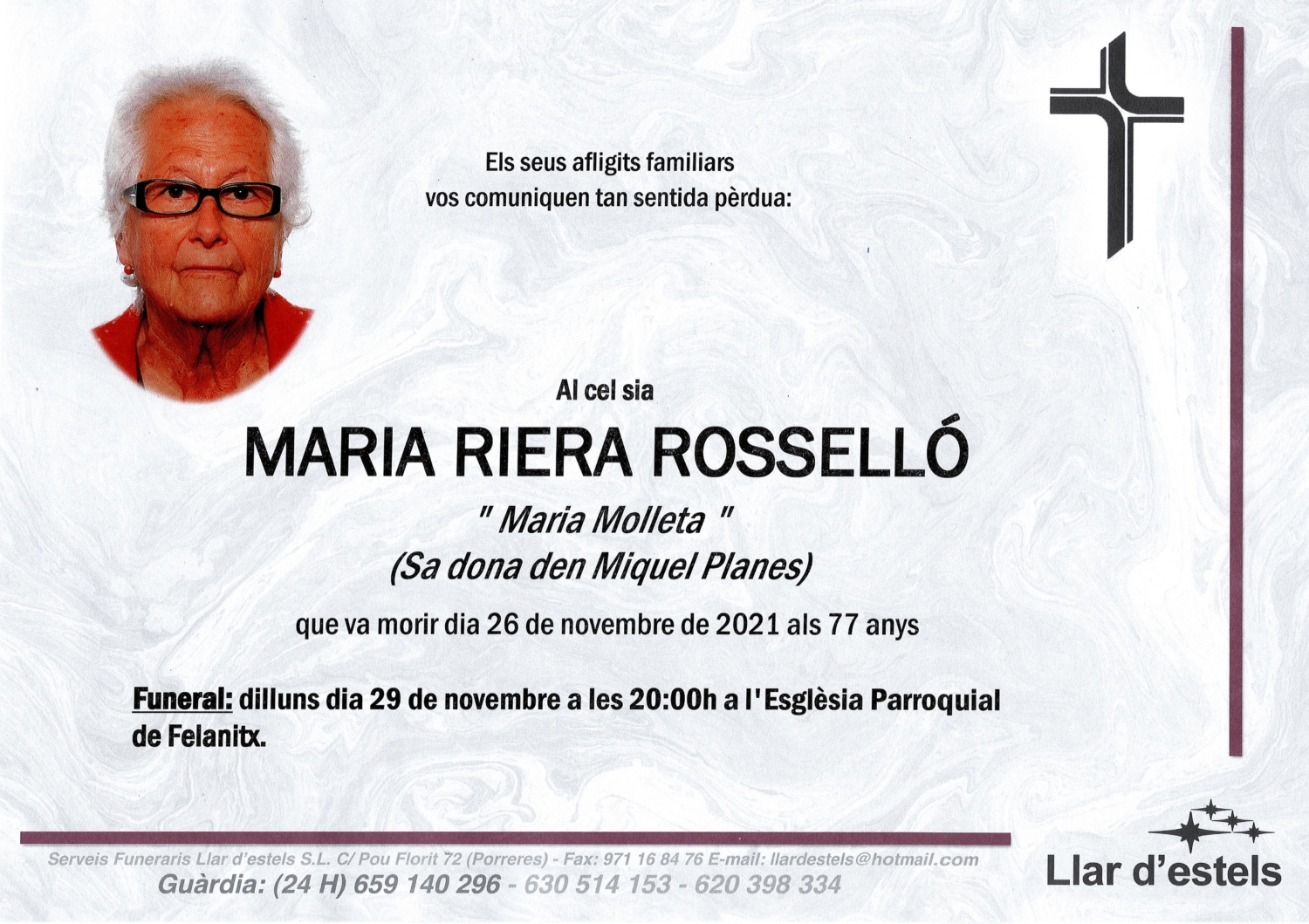 MARIA RIERA ROSSELLÓ – Funerària Mallorca – Llar d'estels