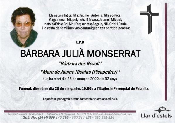 BÀRBARA JULIÀ MONSERRAT – Funerària Mallorca – Llar d'estels