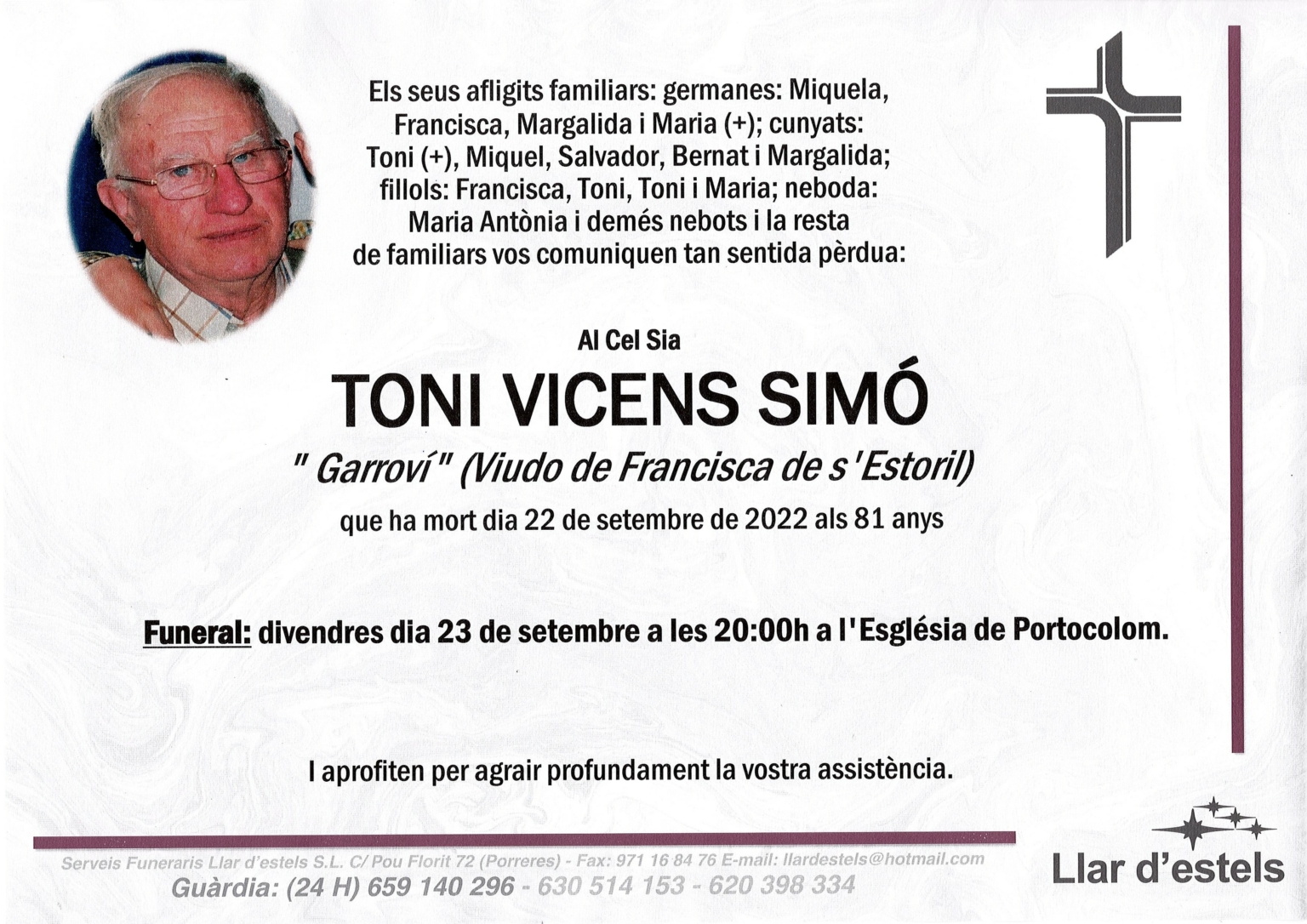 TONI VICENS SIMÓ – Funerària Mallorca – Llar d'estels