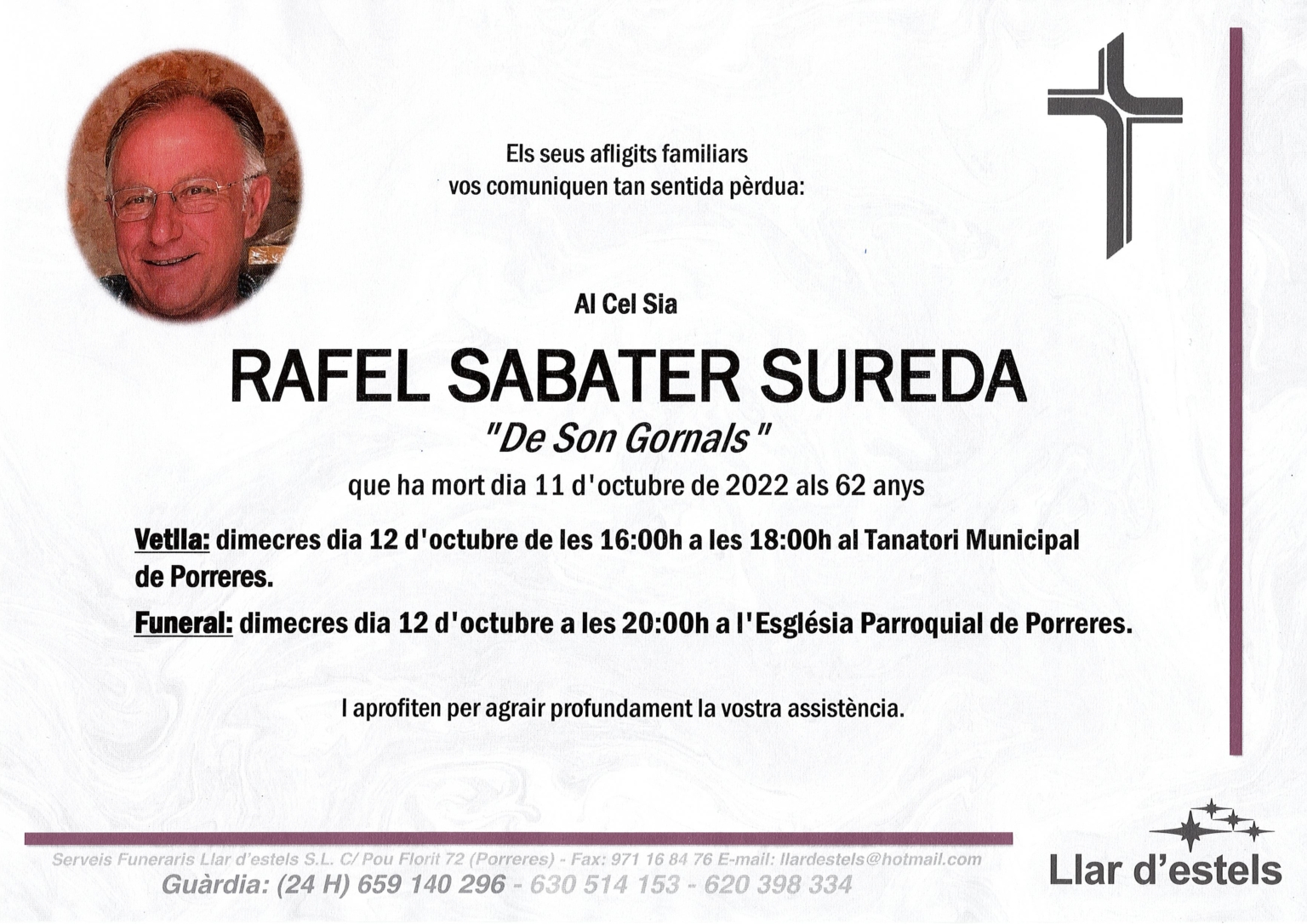 RAFEL SABATER SUREDA – Funerària Mallorca – Llar d'estels