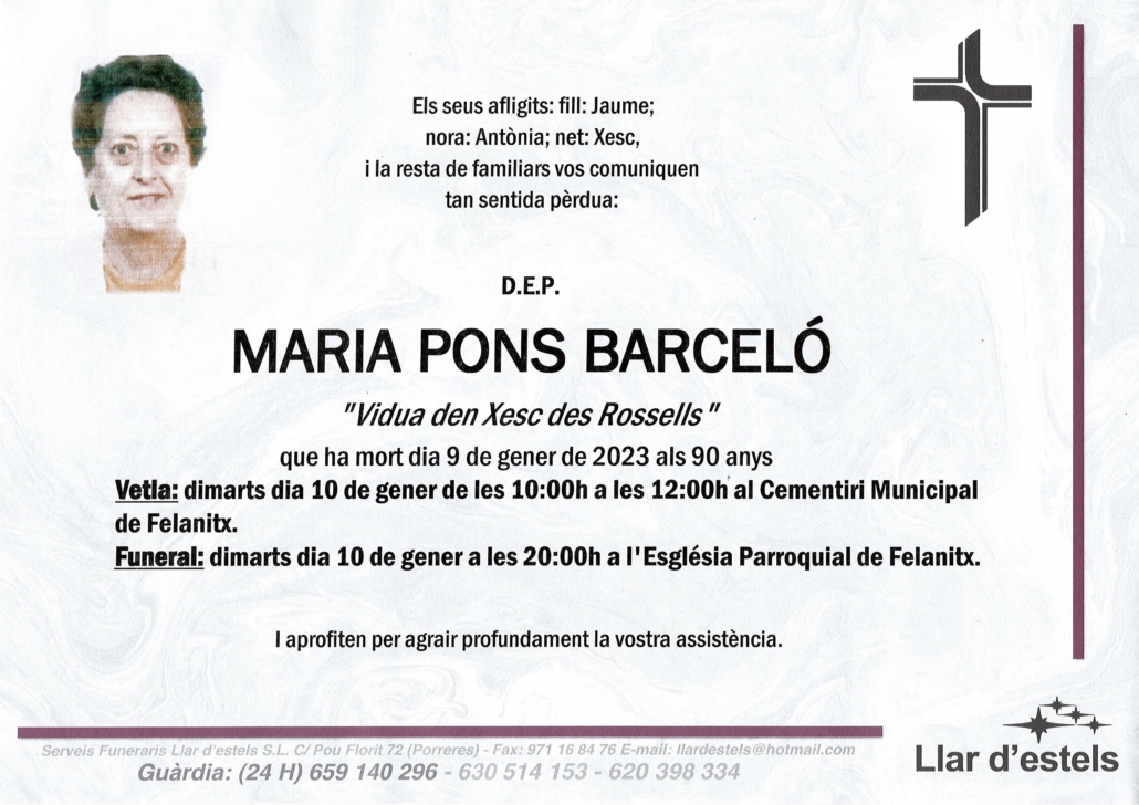 MARIA PONS BARCELÓ – Funerària Mallorca – Llar d'estels